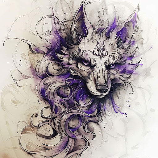 Gothic flat tattoo sketch of a kitsune with dark shades of purple and ...
