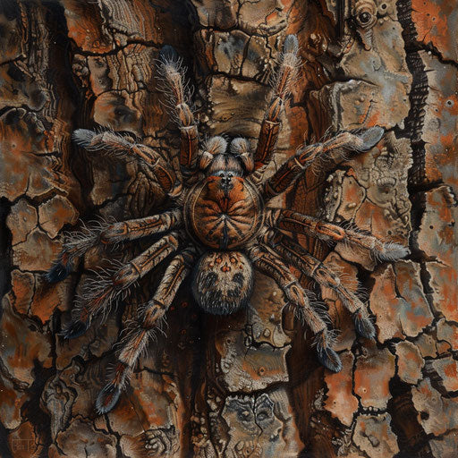 Tarantula climbing a tree with intricate bark patterns – IMAGELLA