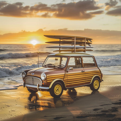1980 Mini Cooper surf wagon parked on a beach at sunset – IMAGELLA