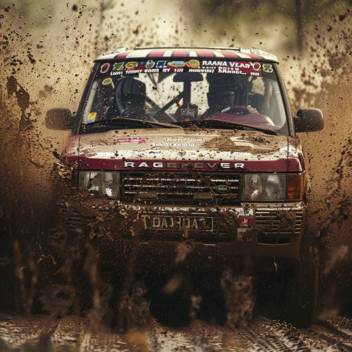 1993 Range Rover modified for rally racing, mid-jump – IMAGELLA