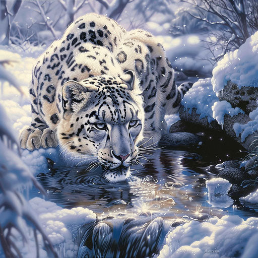 Snow leopard drinking in a peaceful setting – IMAGELLA