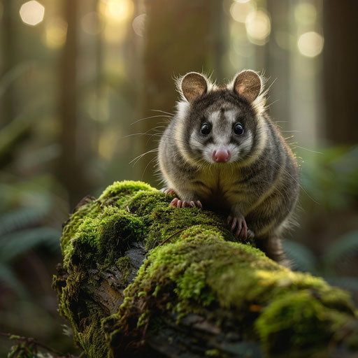 Possum sitting on a mossy log in a serene forest clearing – IMAGELLA