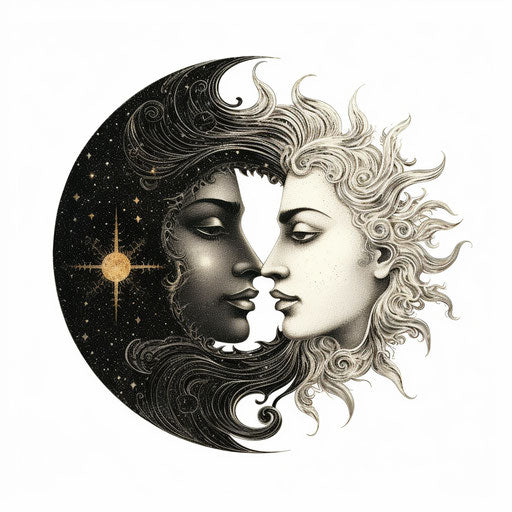 The moon and moon face side by side in an engraving, sunrays shine upon ...