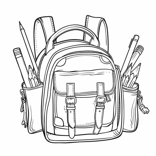 School backpack with books and pencils, coloring book page – IMAGELLA