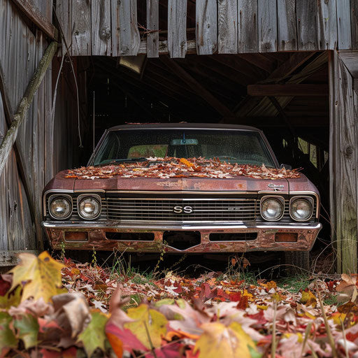 Rusted 1969 Chevrolet Chevelle SS surrounded by autumn leaves in a ...