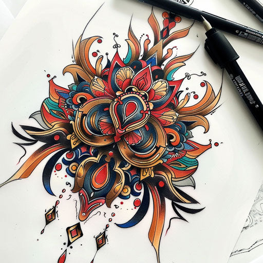 Neo-traditional tattoo sketch of a Kalinga design with rich colors ...