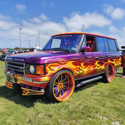 1980 Range Rover hotrod with exaggerated wheels and flamboyant paint ...
