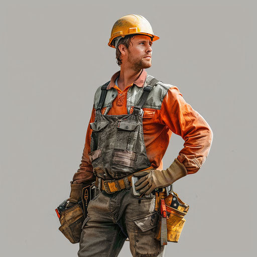 Realistic construction worker on flat slate grey background – IMAGELLA