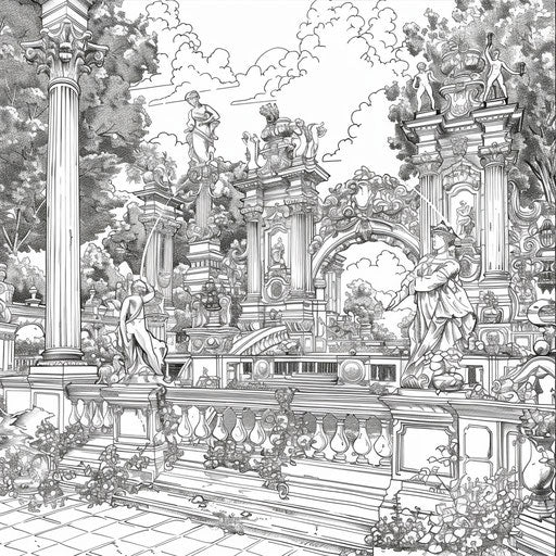 Elaborate baroque garden with detailed statues - Coloring page – IMAGELLA
