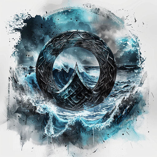 Artistic flat tattoo sketch of a rune with a backdrop of a stormy sea ...