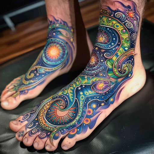 Foot tattoos in the style of Guy Aitchison with cosmic, colorful ...