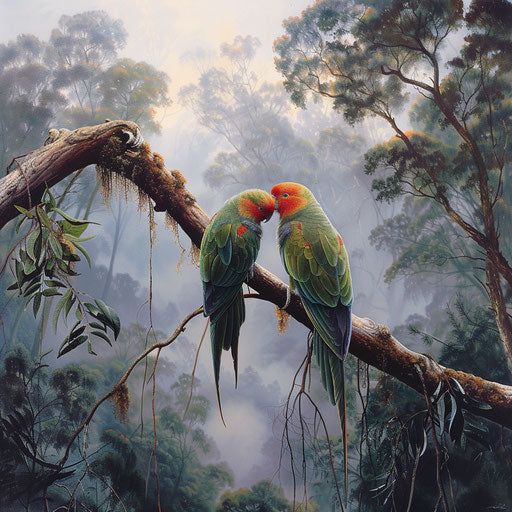 Two swift parrots sharing a moment on a gnarled eucalyptus branch ...