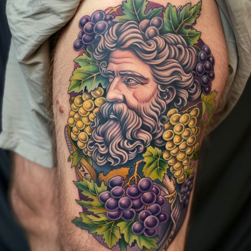 Vibrant tattoo of Dionysus surrounded by grapes and wine – IMAGELLA