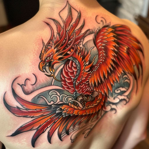 Vibrant neo-traditional phoenix tattoo on white background – IMAGELLA