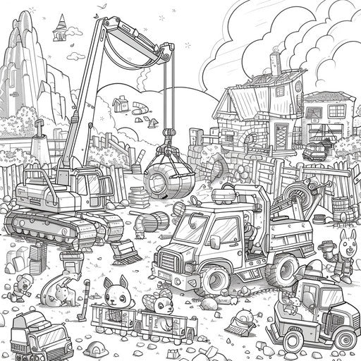Playful construction site with cute animals - Coloring page – IMAGELLA