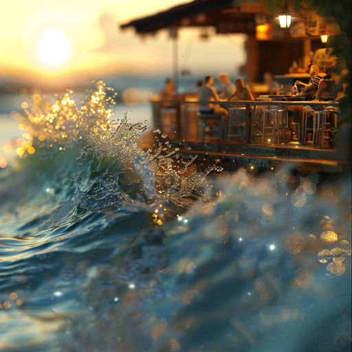 Waves crashing near beach bar with patrons enjoying – IMAGELLA