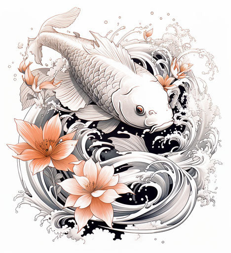 Drawing of koi fish, flowers and waves in intricate style – IMAGELLA