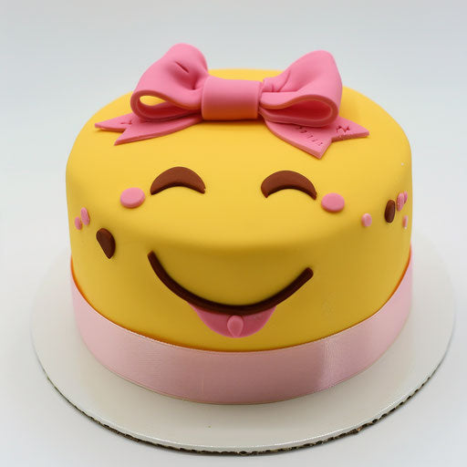 Yellow smiley face cake with pink ribbon and winking eye – IMAGELLA