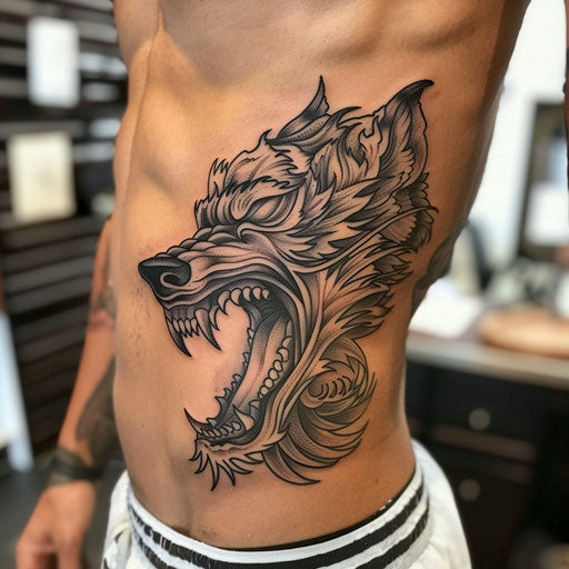 Rib tattoos of a tribal wolf, in the style of Glenn Fabry, on the ribs ...