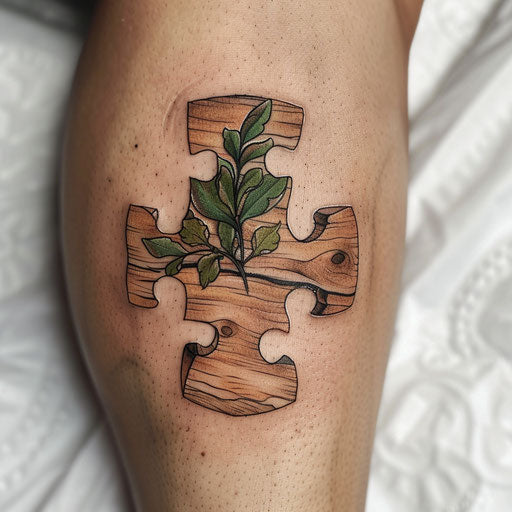 Rustic puzzle piece tattoo mimicking wood textures with green leaves ...