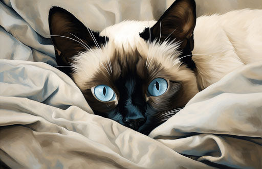 Siamese cat between two pillows, intense gaze 17:11 – IMAGELLA