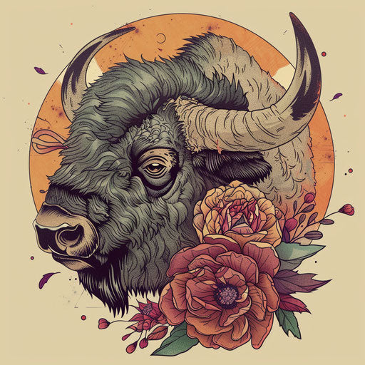 Flat tattoo sketch of a bison with a vintage color scheme and retro art ...