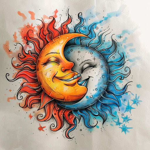 Whimsical tattoo sketch of a smiling sun and winking moon, playful ...