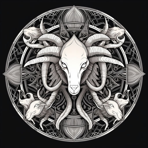 Grunge occult circle pattern with goats in upper part, dragon art style ...