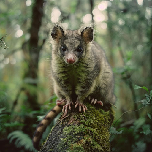 Possum sitting on a mossy log in a serene forest clearing – IMAGELLA