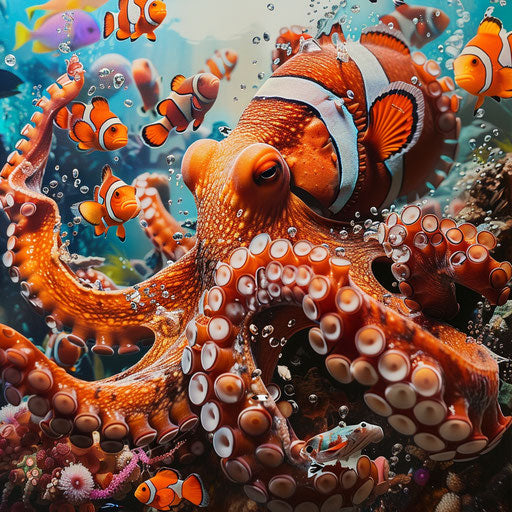 Playful octopus with clownfish, lively underwater scene – IMAGELLA