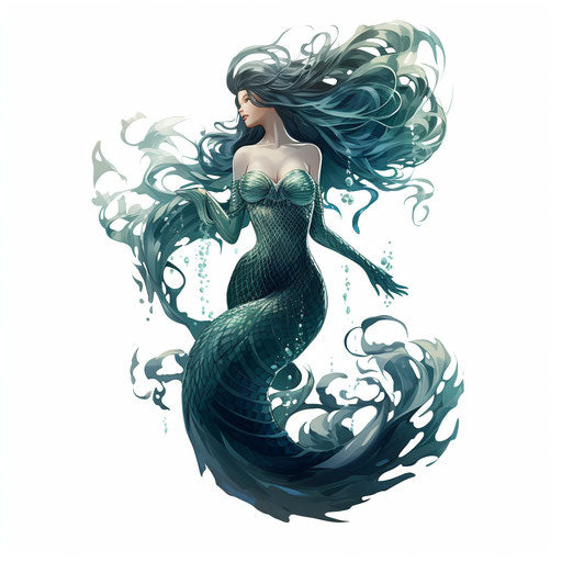 Mermaid illustration in the chiaroscuro art style, on white background ...