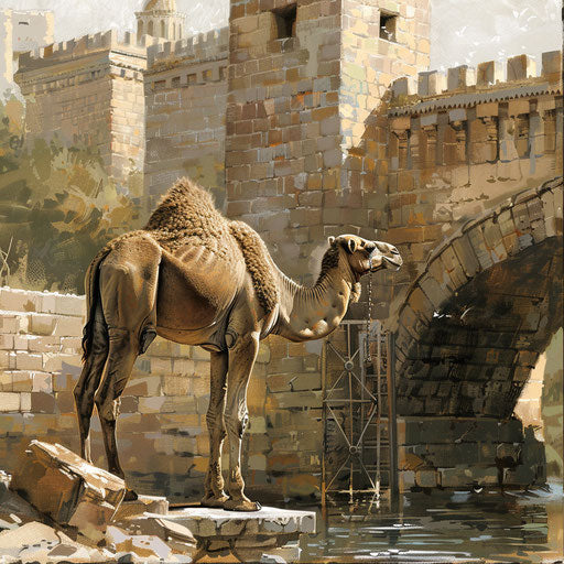 Camel at the gates of an old fortress, a bridge between modern life and ...