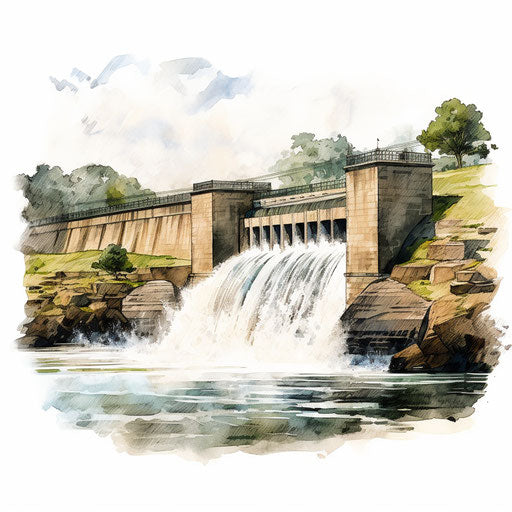 Impressionistic art style illustration of a dam on white background ...