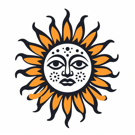 The sun's face on a white background, graphic style with black outlines ...