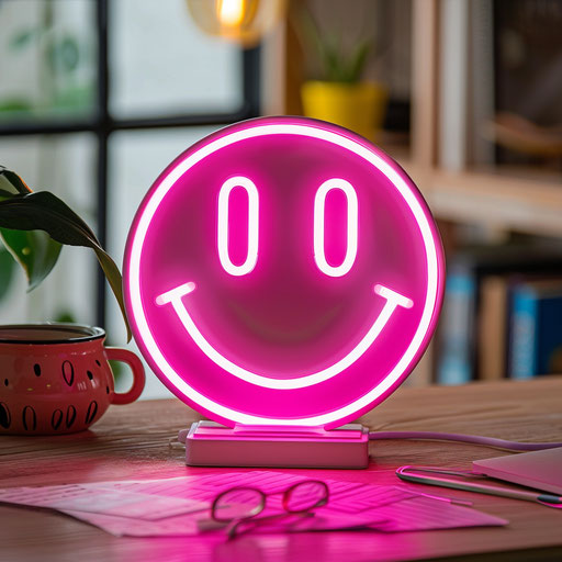 Neon pink smiley face sign on a desk – IMAGELLA