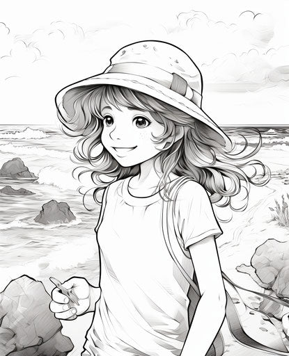 Girl in beach hat coloring, playful cartoonish style – IMAGELLA