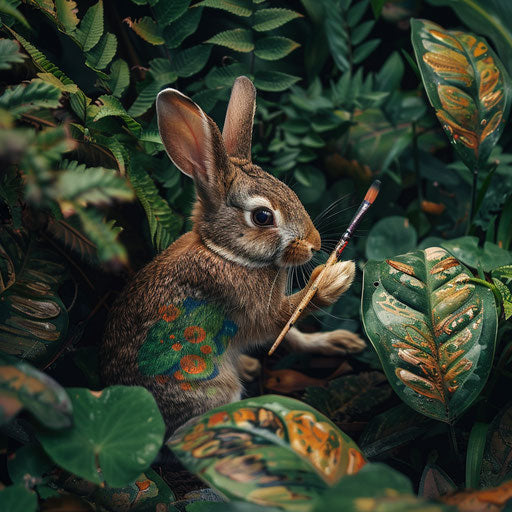Rabbit artist painting abstract patterns on leaves – IMAGELLA