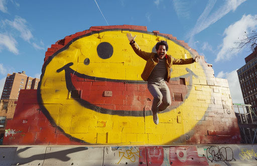 Man jumping in front of a yellow and maroon smiley face – IMAGELLA