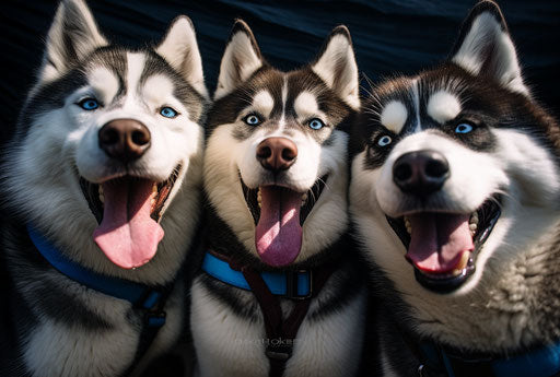 Canines, exaggerated facial features, black and azure, light maroon and ...